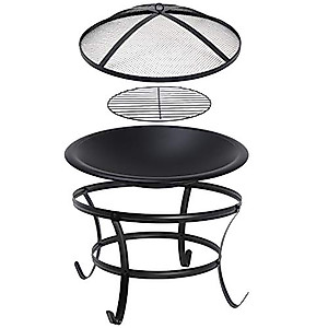 F2C 22" Fire Pit Outdoor Wood Burning BBQ Grill Steel Firepit with Mesh Spark Screen Cover Lid Log Grate Fire Poker for Patio Backyard Garden Camping Traveling Picnic Bonfire