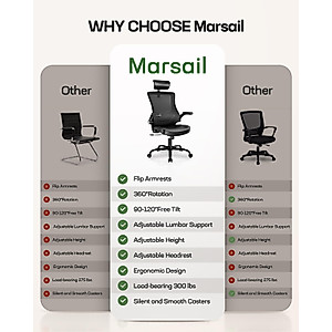 Marsail Office Chair Ergonomic Desk Chair, 360°Swivel Mesh Back Wide Computer Chair PU Leather Criss Cross Chair,Adjustable Lumbar Support & Flip-up Armrests,Adjustable Height Executive Task Chair
