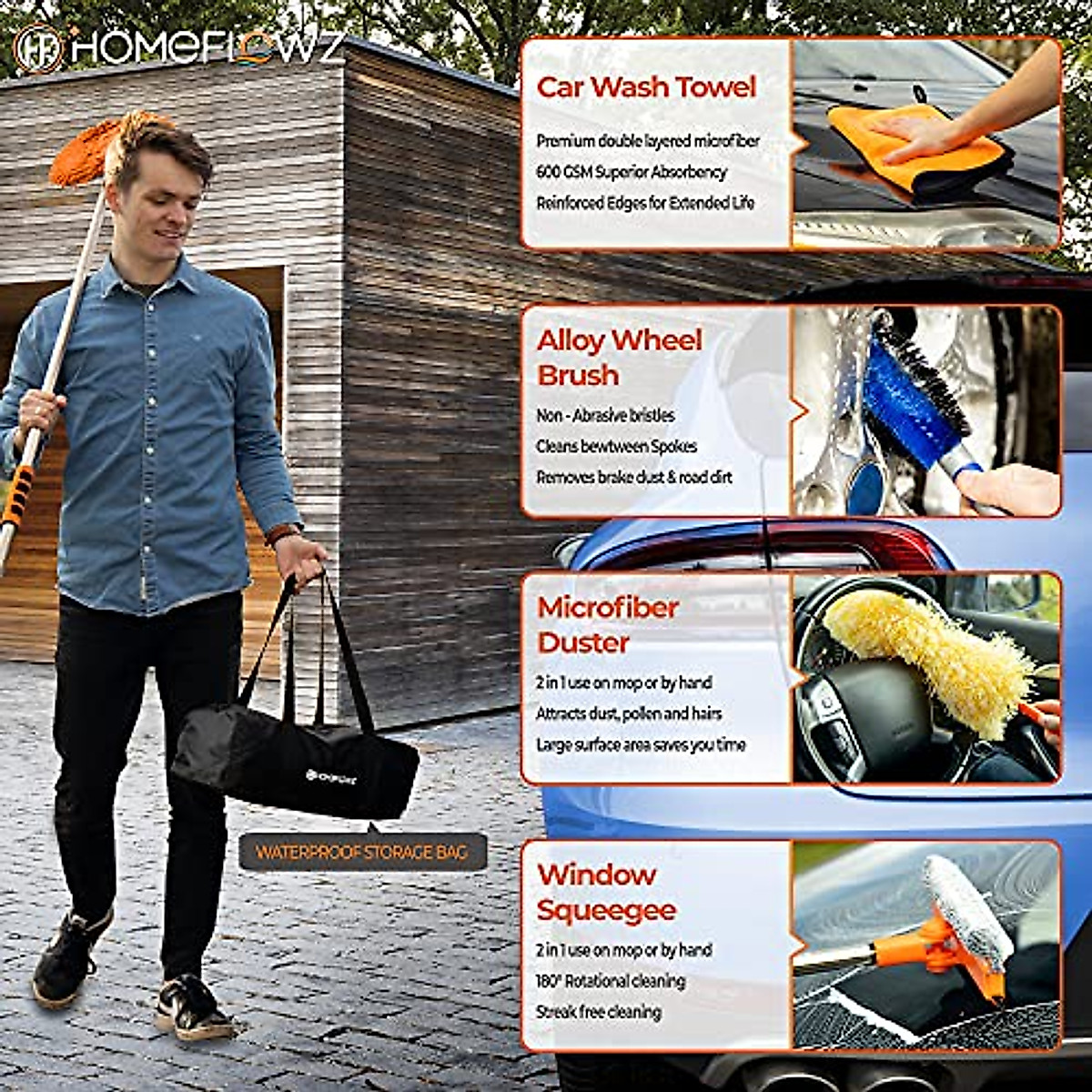 Homeflowz Car Wash Mop Kit [10PC] - Car Wash Brush with Long Handle - 62'' Stainless Steel Pole - Scratch Free Chenille Microfiber Car wash Brush Mitt - Car Mop Washing Kit for RV Cars and Bus