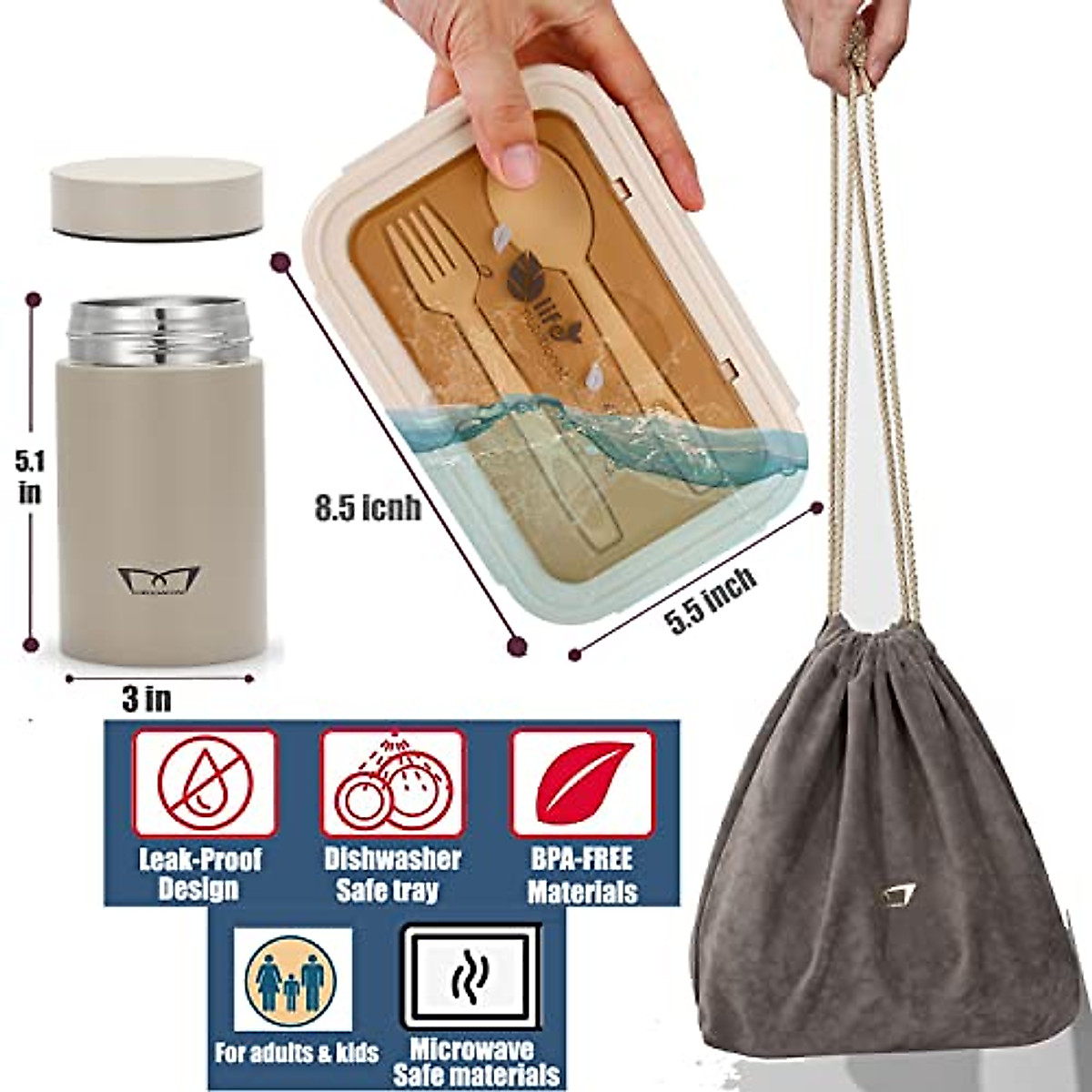 Mr.Dakai Bento Box for Kids Adults Lunch Box Containers & Leak-proof Insulated Hot Thermoses Food Jar Soup Container - BPA-Free Salad Snack Boxes with Spoon Fork/Bag, Microwave Safe, Khaki