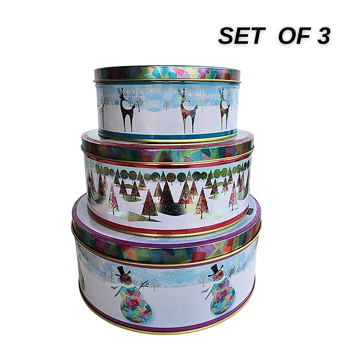 hadaaya Pack of 3 Round Tin Containers With Lids, Snowfall Themed Festive Cookie Tins For Cookies, Candies, Popcorn and many more | Tins For Gift Giving