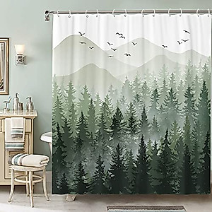 Accnicc Green Misty Forest Shower Curtain Set Ombre Sage Green White Waterproof Fabric Nature Tree Mountain Woodland Decorative Bathroom Bath Curtain Decor (72'' × 72'', Green)