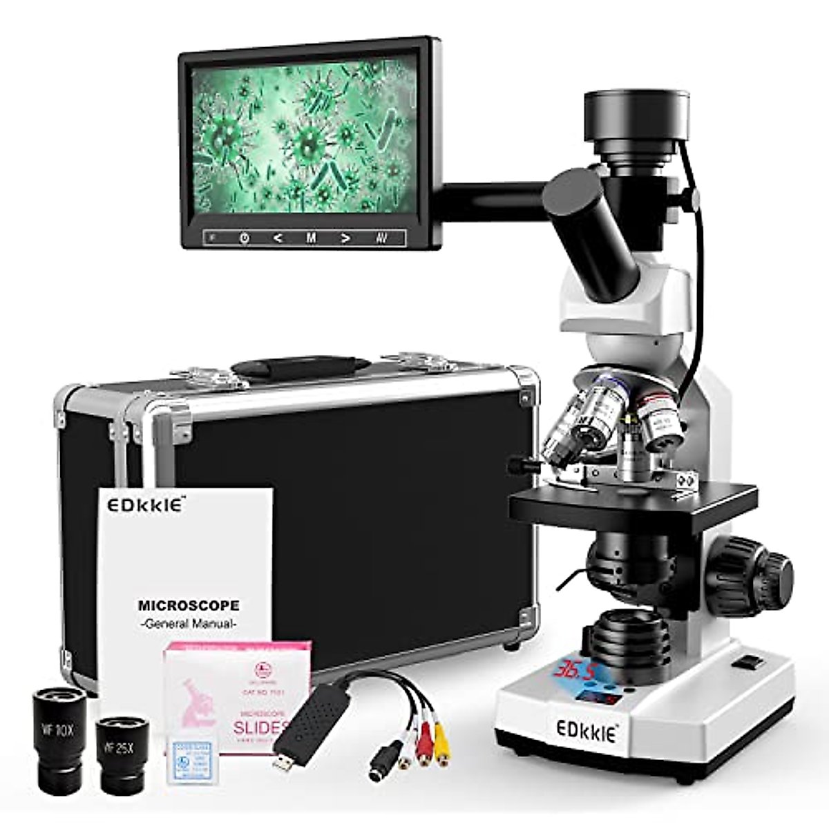 Microscope for Adults with 40X-2500X Magnification,Dual-View Lab Compound Monocular Microscopes with Adjustable Thermostat Mechanical Stage, WF10X/25X Eyepiece, 7'' LCD Screen, Built in 5MP Camera