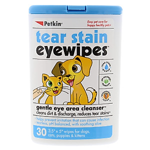 Petkin Pet Eye Wipes, 30 Moist Wipes - Gentle Eye Cleaning Wipes Remove Dirt, Discharge, & Tear Stains - Super Convenient Pet Wipes for Dogs, Cats, Puppies & Kittens - Ideal for Home or Travel
