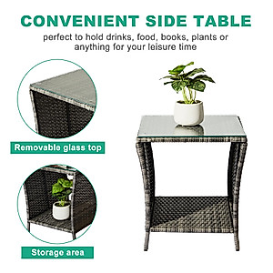 HEPMIMZHU Outdoor Patio Wicker Side Table, Square End Table Bistro Coffee Table with Glass Top Storage Shelf for Porch Garden Backyard Rattan End Table Furniture with Storage (Light Grey)