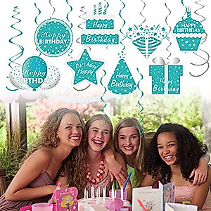 Teal Silver Birthday Decorations Hanging Swirls Party Supplies, 30Pcs Breakfast Blue Happy Birthday Foil Swirls for Girls Women, 16th 21st 30th 40th 50th 60th Bday Ceiling Swirls Sign