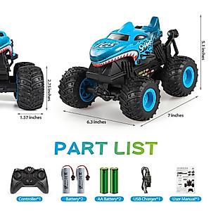 DYODYORC Remote Control Car, 2.4Ghz All Terrain Shark Monster Truck Toys, RC Truck with Music, 3 Lighting Effects, 360 Stunt Capable, All Included Ready to Run, Toy Gifts for Boys and Girls (Blue)