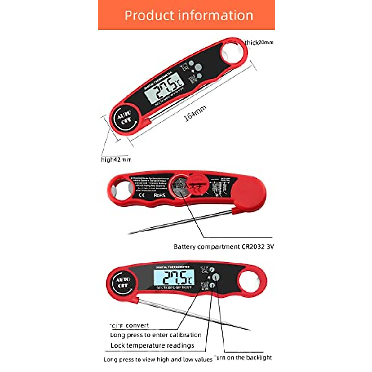 FLYSZQ Digital Instant Read Meat Thermometer,Foldable Probe with Backlight,Waterproof and Calibration,Thermometer for Food Cooking,Grilling,Baking (Red)