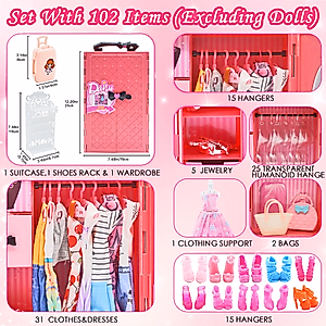 Doll Clothes Closet and Accessories - Baby Doll Wardrobe with 102 Pcs 11.5 Inch Kids Dolls Colthes Toy Included Wedding Dress, Dress Outfits Tops,Christmas & Birthday Gifts for Girls Age 5 6 7 8 9 10