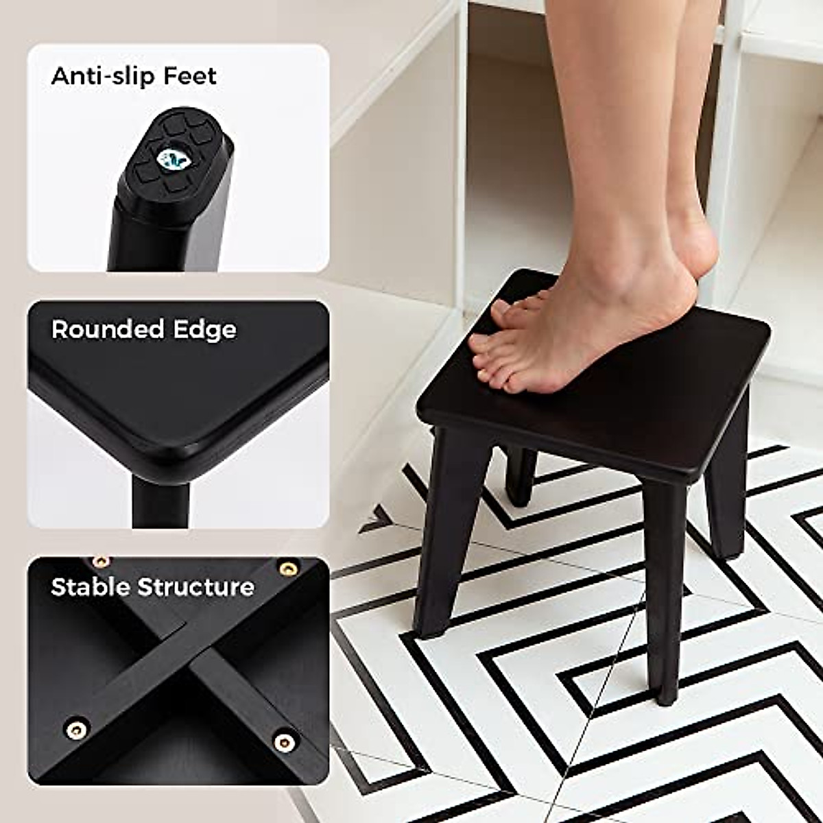 StrongTek Bamboo Step Stool for Kids and Adults, Natural Material, Sturdy and Versatile Short Foot Stool for Bathroom, Kitchen, Bedroom, Compact 10-inch Small Wood Stool, Plant Stand (Black)