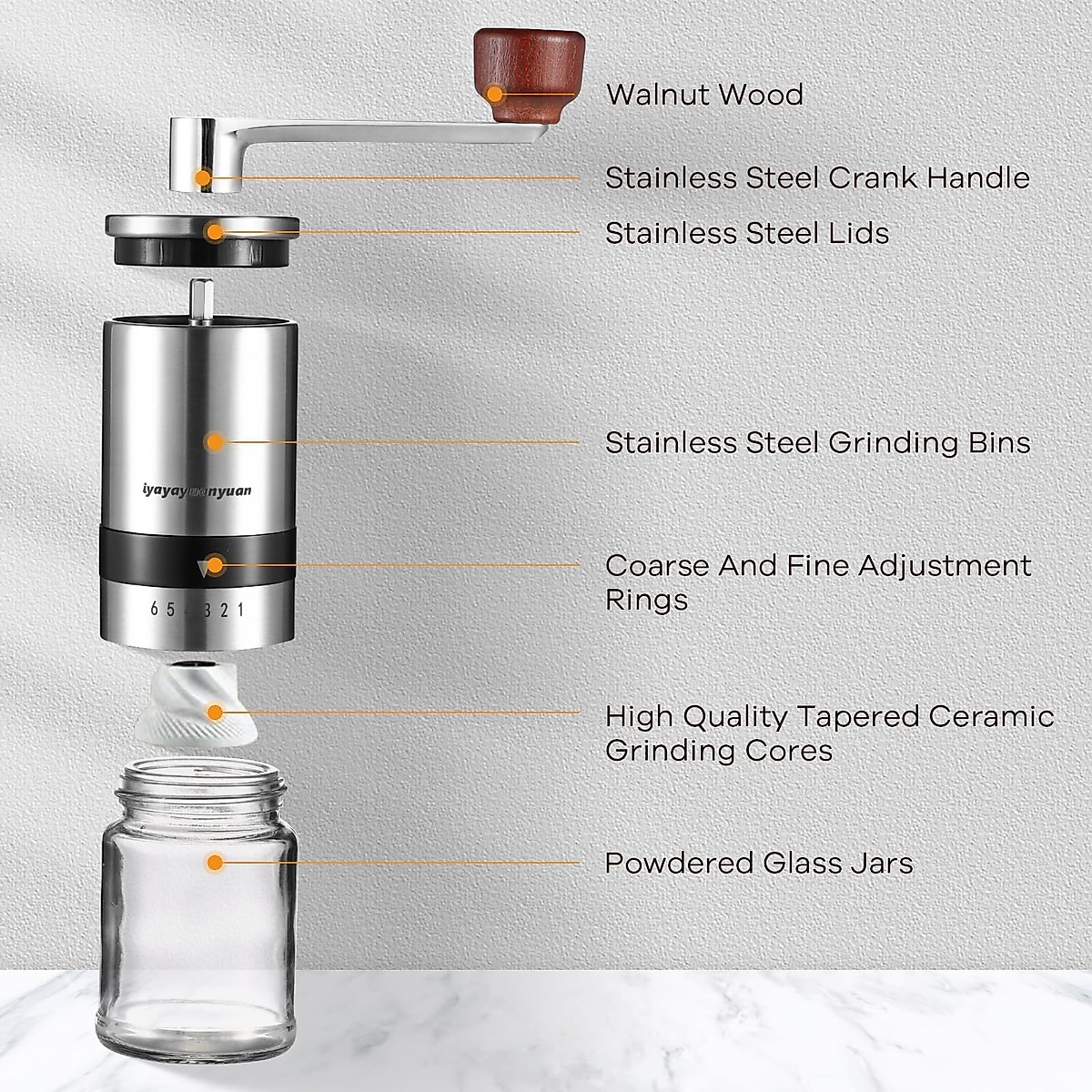 Manual Coffee Bean Grinder | Ceramic Burr with 6 Adjustable Settings | Portable Hand Coffee Mill for Espresso, French Press, Cold Brew & Drip Coffee | Easy to Use & Clean at Home, Travel, Camping