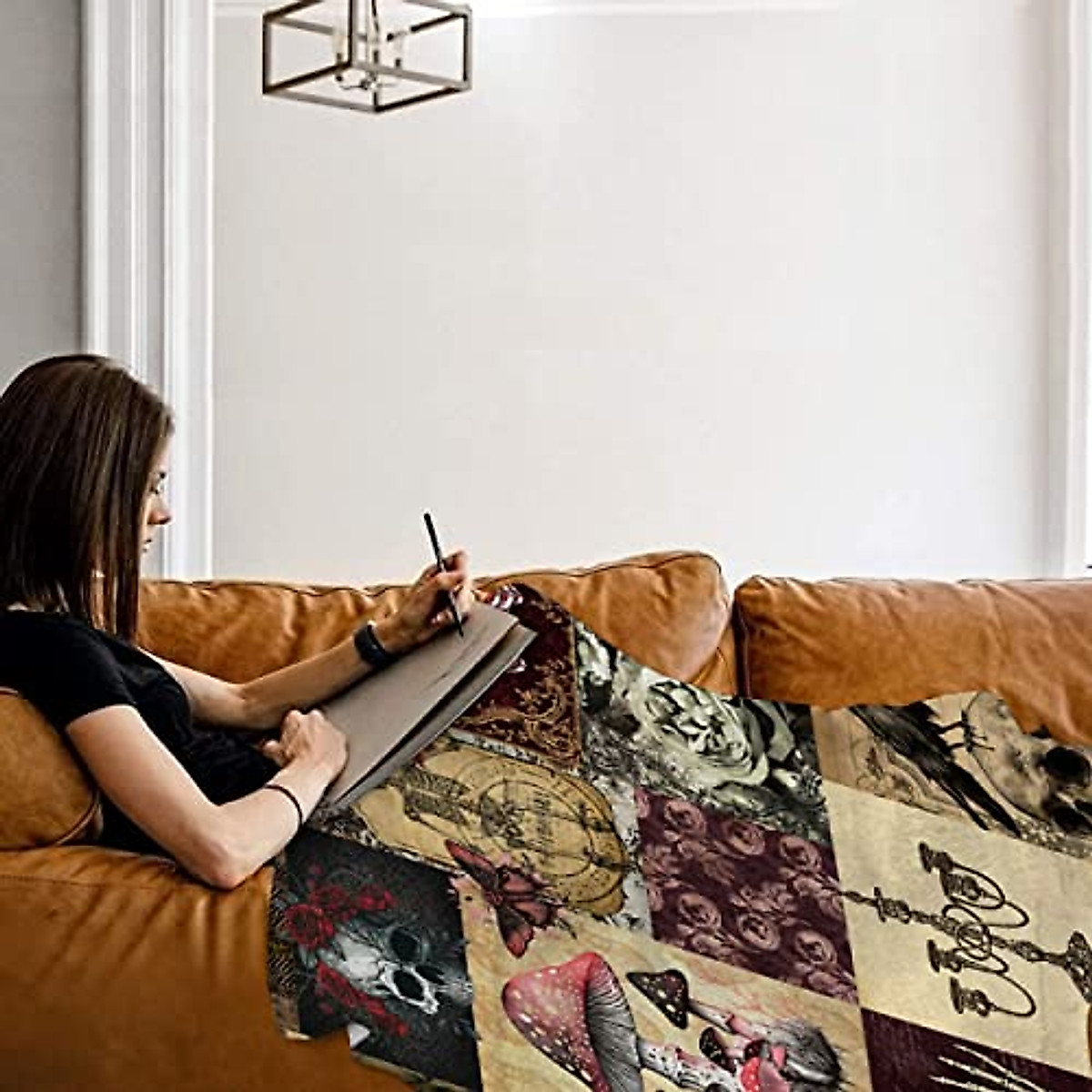 Retro Collage Gothic Blanket Gifts for Girls Boys, Anxiety Rose Skull Butterfly Skeleton Throw Blanket for Adults,Soft Lightweight Flannel Fleece Mushroom Blankets Bedding for Sofa Bed 80x60In