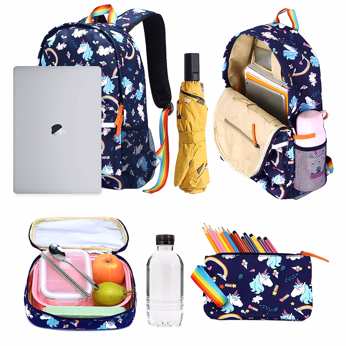 Kemy's Toddler Backpack for Elementary with Lunch Box and Pencil Pouch, Unicorn Kids Backpack for Girls School（Blue 3 Pieces）