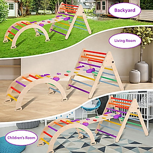 Agiyimi 4 in 1 Pikler Triangle Climber, Foldable Wooden Triangle Ladder Montessori Climbing Toys with Ramp Arch Climber Rocker Indoor Outdoor Gym Playground Climbing Toys for Toddlers(Multicolor)