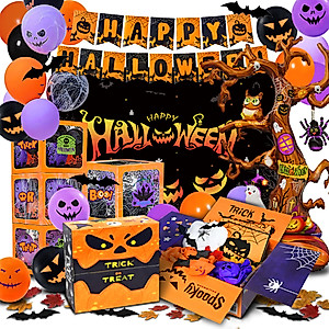 Party Spot! 157 Pcs Halloween Party Decorations Kit, 43" Giant Tree Balloon, 4 Balloon Boxes, Happy Halloween Banner, 60 pcs Balloons, Artificial Leaves, Halloween Party Supplies, Halloween Favors Set