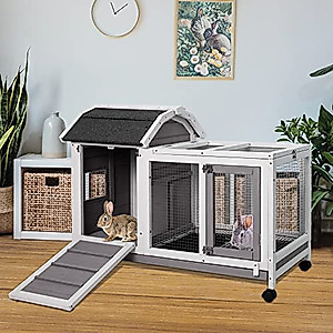 Ketive Rabbit Hutch Indoor- Rabbit cage Outdoor Bunny Hutch Outdoor Bunny Cage Fir Wooden Rabbit cage on 4 Lockabl Wheels Guinea Pig Cages with Ramp Small Animals Hideout Deep No Leak Pull Out Tray