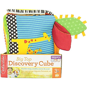 Infantino Peek & Seek Discovery Cube - Soft Development Toy, Peek-A-Boo Mirror, Clacker Rings, Crinkle & Rattle Sounds - Sensory Play, Ages 3 Months +