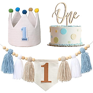 Baby Boy First Birthday Party Decorations Blue High Chair Banner 1st Birthday Crown Cake Topper 1st Birthday Decor