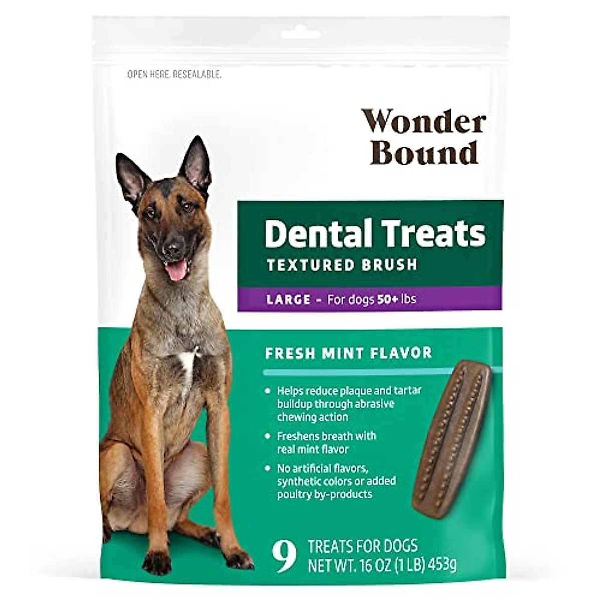 Amazon Brand - Wonder Bound Dog Dental Treats, Fresh Mint Flavor, Large, 9 Count, 16 Oz
