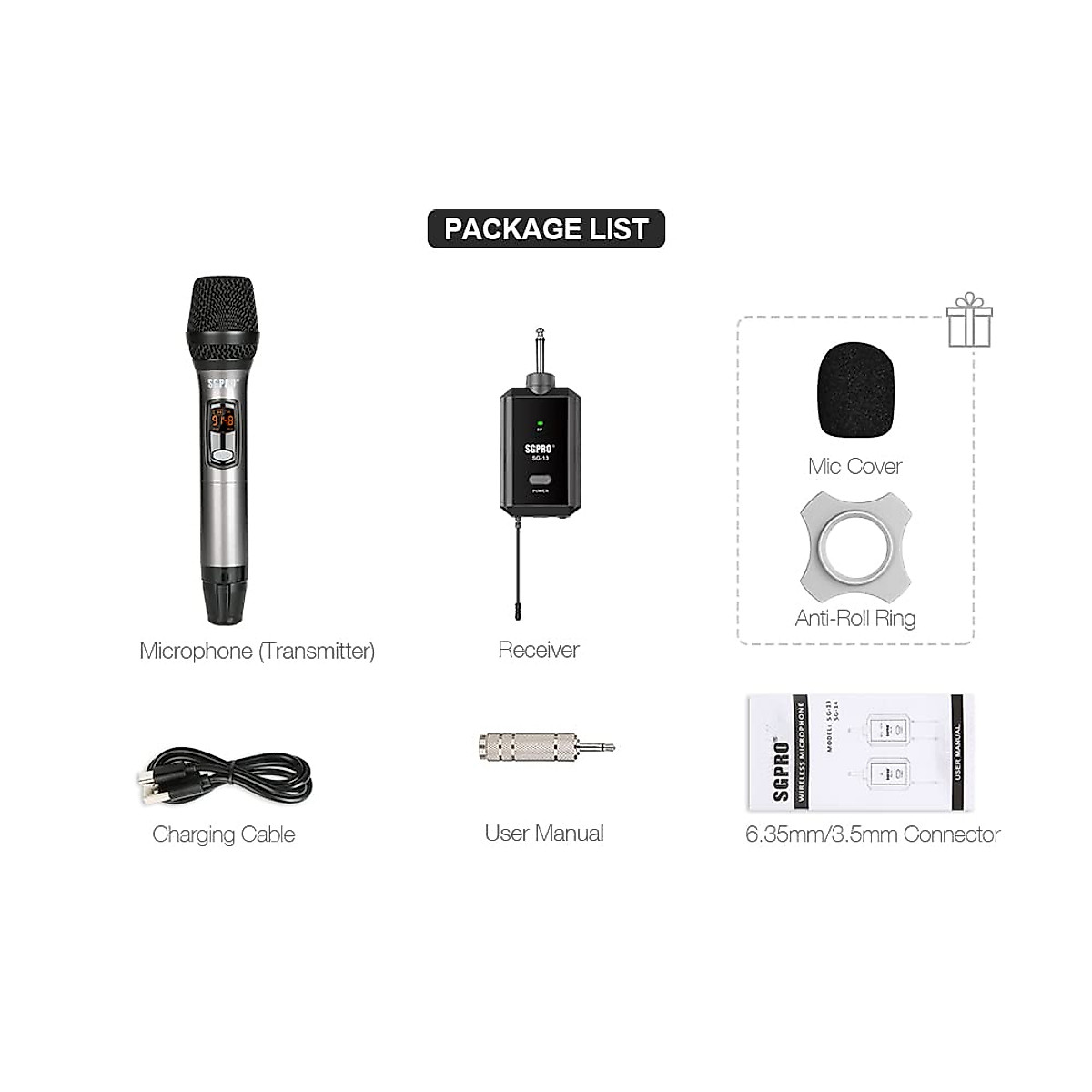 SGPRO Multiple-Purpose Wireless Microphone Set Compact Receiver Mute Function Battery Indicator for Singing, DJ, Speech, Classroom, Church, Home Karaoke and More (SG-13 | Single Handheld Set)