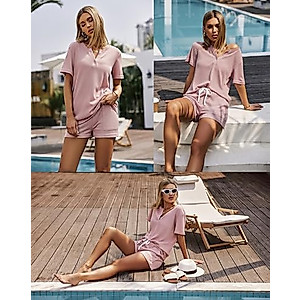 Ekouaer Women's Sets Comfy Waffle Pajamas Knit Sleepwear Button Down Lounge Set Short Sleeve Pjs with Pocket