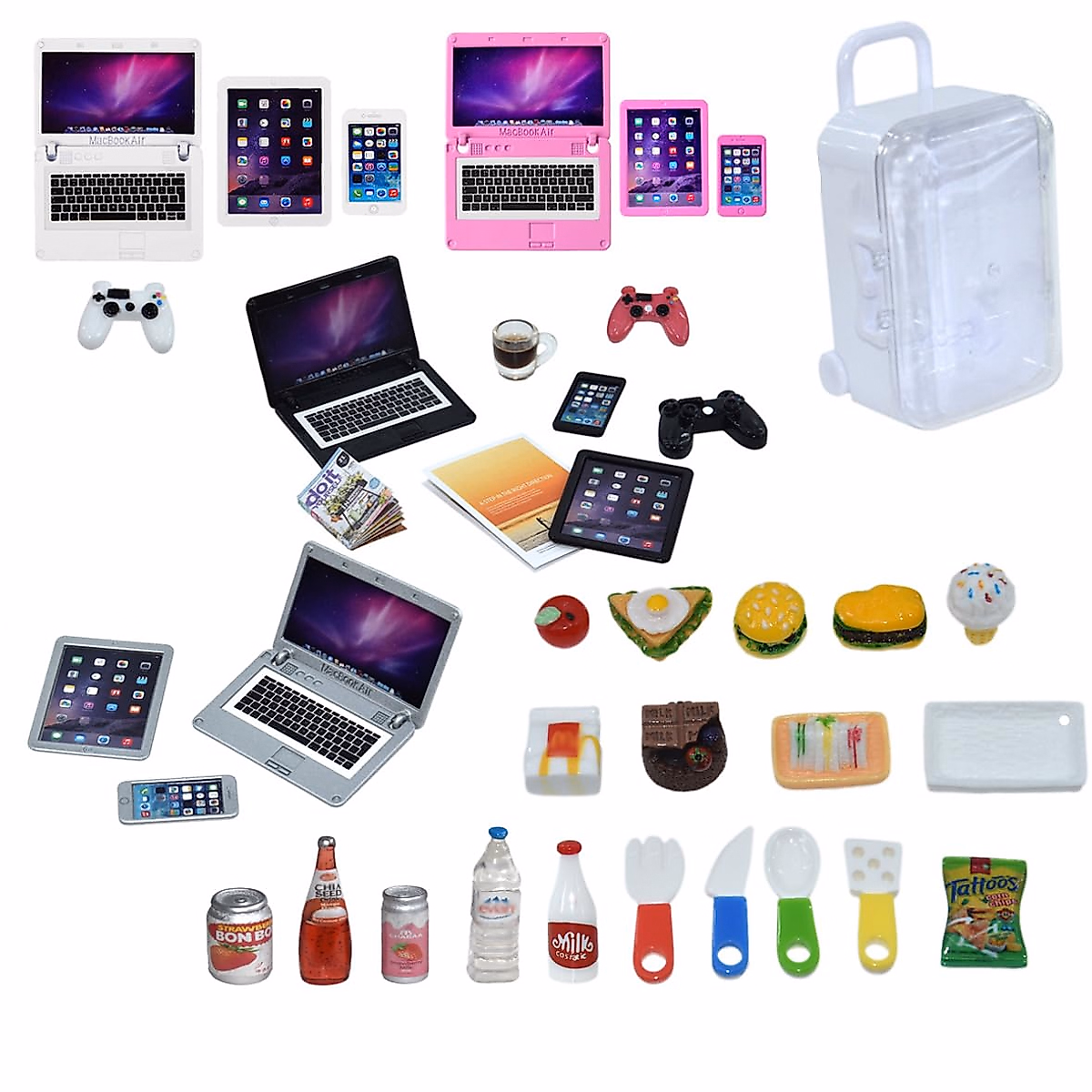 27 Pieces Dollhouse Mini Laptop Tablet and Smart Phone Newspaper Book Miniatures Hamburger Cake Coffee Juice Trolley case DIY Play Game Party Toys Accessories (Silver Set)