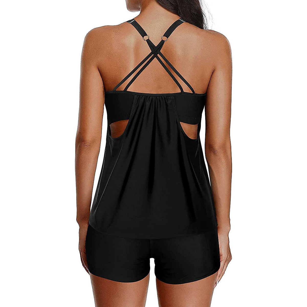 Yonique Tankini Swimsuits for Women Athletic Swim Tank Top with Boy Shorts Two Piece Tummy Control Bathing Suits Black L