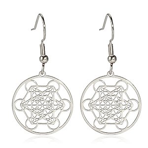 Metatron's Cube Earrings For Women Stainless Steel Sacred Geometry Flower Of Life Earrings Geometric Charm Hexagram Earrings Bohemian Style Jewelry (silver)