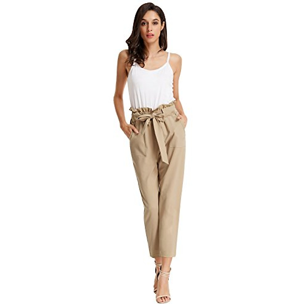 GRACE KARIN Women's Pants Cropped Paper Bag Waist Pants with Pockets Light Tan Size M