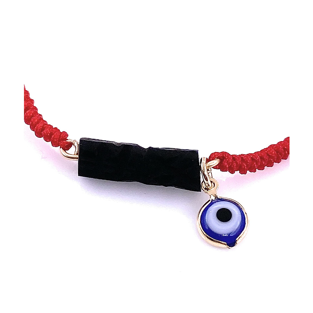 LESLIE BOULES Red Thread Genuine Azabache Hand Bracelet with Small Blue Evil Eye Connector Handmade Jewelry