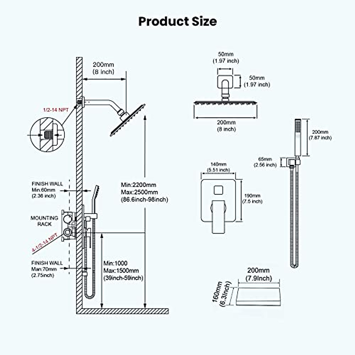gotonovo Matte Black Shower System Bathroom Shower Faucet Wall Mount 8 Inch Square Rainfall Shower Head 3-Function Waterfall Tub Spout and Hand Held Spray with Rough-in Valve and Shower Trim Included