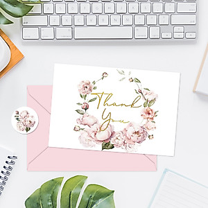 Whaline 36 Packs Floral Gold Foil Thank You Cards Watercolor Pink Flower Greeting Cards Blank Note Cards with Envelopes and Stickers for Wedding Baby Shower Bridal Shower Party, 4 x 6 Inch
