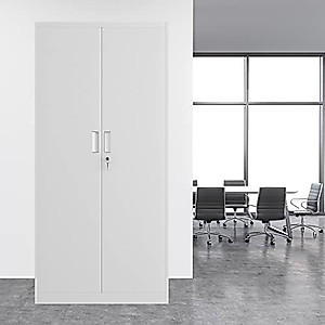 iJINGUR Metal Storage Cabinet with Locking Doors and Shelves for Garage Home Office, Lockable Tall Steel Storage Cabinets with Lock, Tool Holder and File Organizer Pocket Included (White)