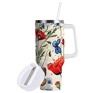 FENOCHE Red Poppy Flowers Butterfly 30 oz Tumbler Insulated Cups Stainless Steel Water Bottle with Handle Lid and Straw Tumblers for Car Cup Holder