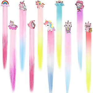 MTLEE 10 Pcs Braiding Hair Extensions with Clips Cat Rainbow Mermaid Unicorn Accessories for Girls Straight Colored Hair Clips Braided Clip Colored Hair Extensions for Kids Dress Supplies