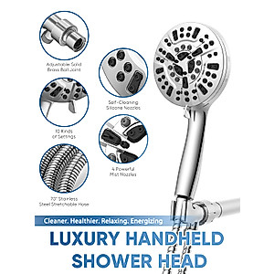 Pavezo High Pressure Shower Head Handheld 5" Large, Extra Long 72" SS Hose 10-mode Portable Detachable Shower Head with Hard Water Filter for Bathroom, Anti-clog & Powerful to Clean Tile & Pets