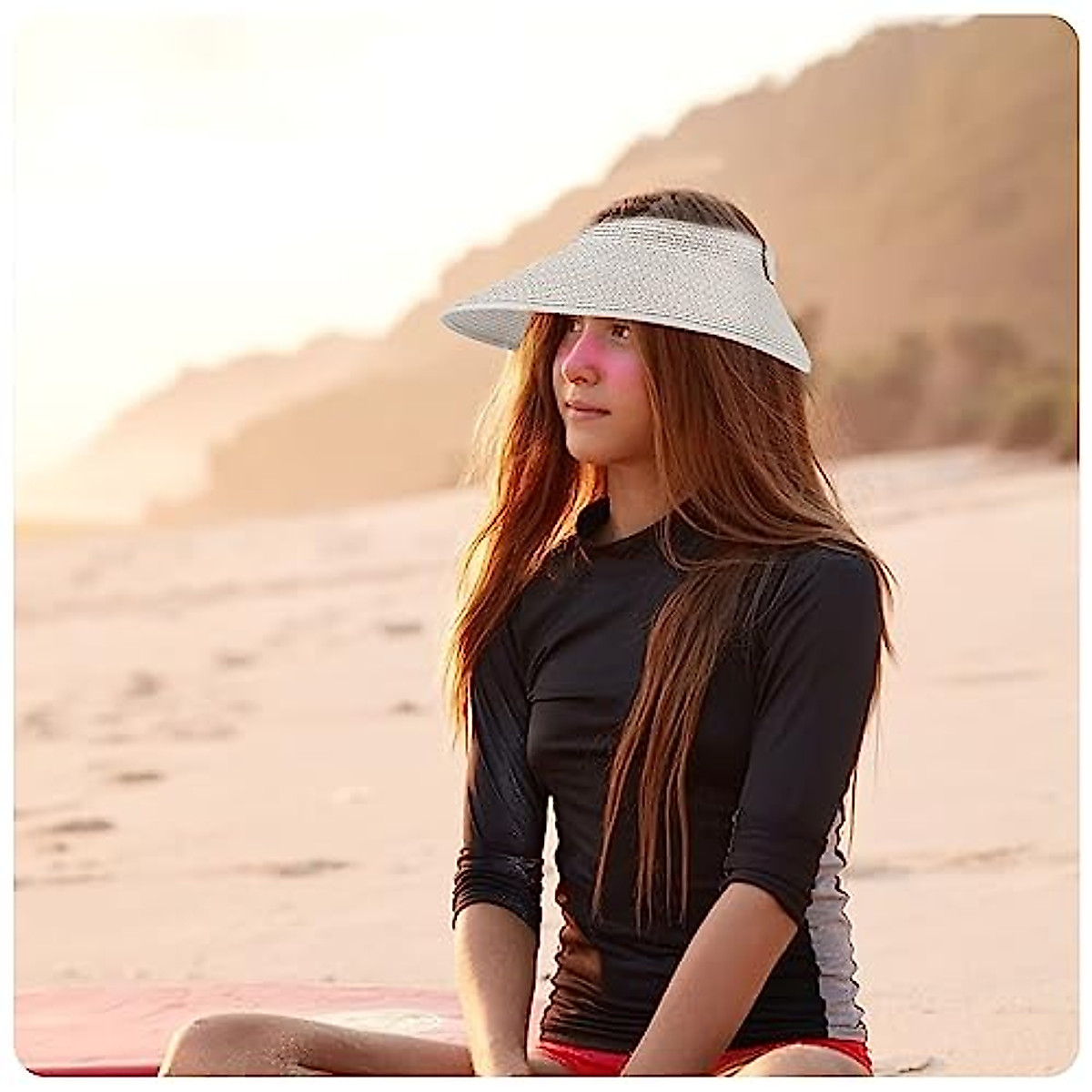 Andiker Women Roll Up Sun Visors Hat, Fordable Wide Brim Ponytail Beach Hat with A Storage Bag Black