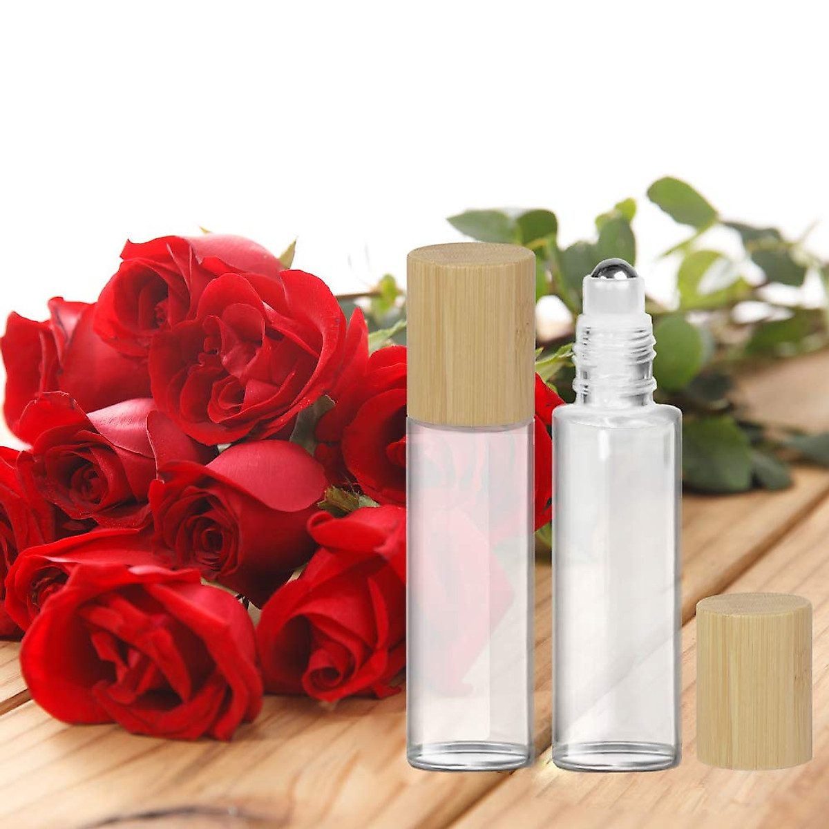 Glass Roll On Bottle with Bamboo Lid for Essential Oils, Creatiee Eco-friendly Refillable Clear Perfume Sample Bottles with Stainless Steel Roller Ball - Portable & Practical (12Pcs 15ml Clear)