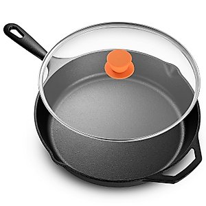 LEGEND COOKWARE | Cast Iron Skillet with Lid | Large 12” Frying Pan with Glass Lid | for Oven, Induction, Cooking, Pizza, Sautéing & Grilling