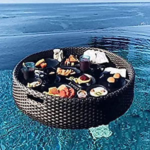 ENPAP Round Rattan Woven Serving Tray Rattan Floating Breakfast Tray with Handles,Swimming Pool Floats,for Pool Serving Drinks,Brunch,Food on The Water (Color : Black, Size : 80cm)