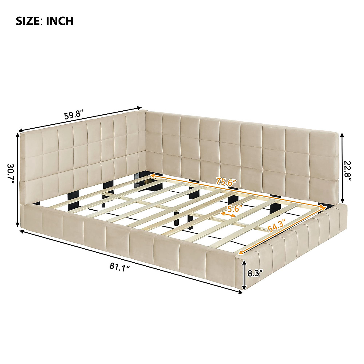 Full Size Upholstered Daybed, Mid Century Day Bed Frame with A Backrest and Armrest, Velvet Corner Beds for Living Room, Bedroom, Beige