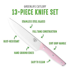 GreenLife High Carbon Stainless Steel 13 Piece Wood Knife Block Set with Chef Steak Knives and more, Comfort Grip Handles, Triple Rivet Cutlery, Soft Pink