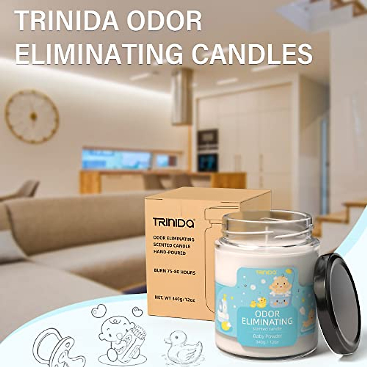 TRINIDa Baby Powder Odor Eliminating Candles for Home Scented, Eliminates 99% of Pet, Smoke, Food and Other Smells Quickly, Highly Fragranced Candle, Premium Soy Candles Gift Set for Women