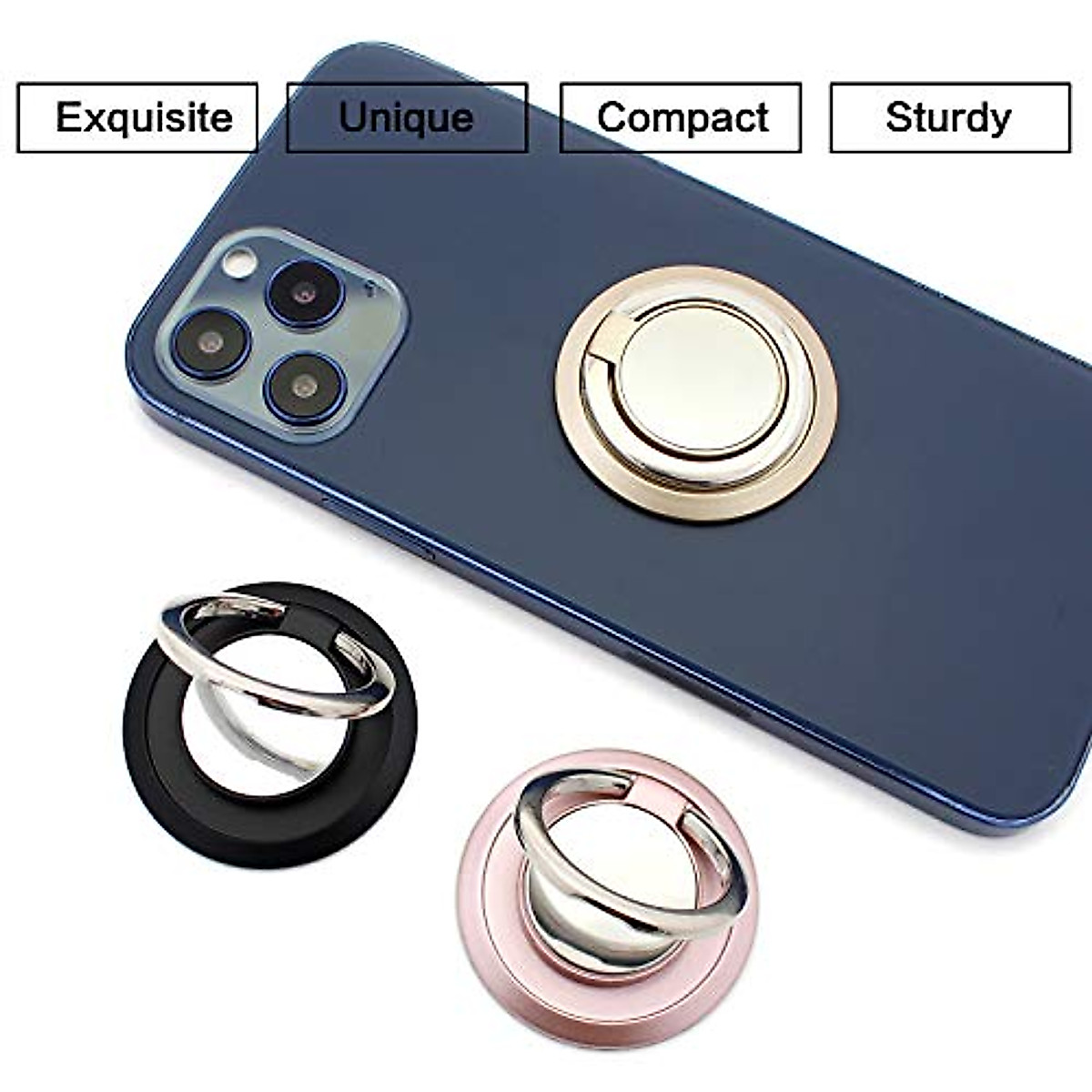 3 Pcs Cell Phone Ring Holder, Yiwanson Phone Ring Holder Finger Kickstand, 360 180 Degree Rotation, Mirror Ring Holder Bracket on Back of Phone, for All Smartphone (Gold/ Pink/ Black)