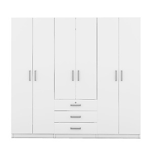 Merax Large White 6 Doors Wooden Wardrobe, Bedroom Tall Armoire Closet Organizer with Big Drawers, Hanging Rails and Shelves, Clothes Storage Cabinet for Garage & Laundry Room, White