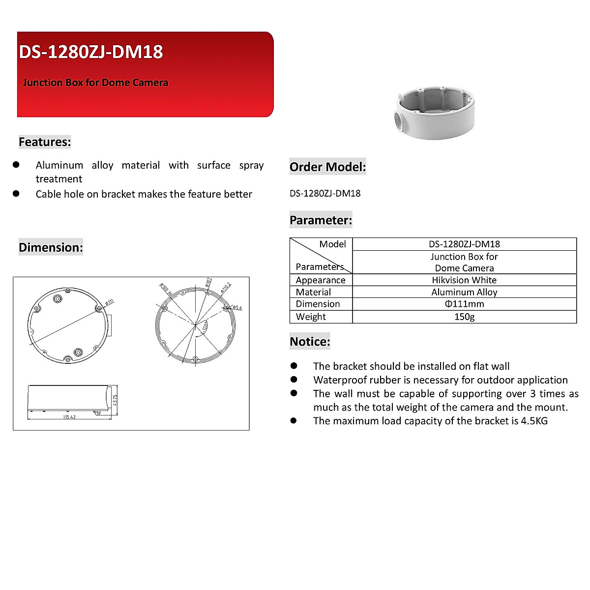 KENUCO CB110 DS-1280ZJ-DM18 Conduit Base for Hik compatible Dome Camera DS-2CD2143G0-I, DS-2CD2183G0-I, DS-2CD2185FWD-I (1 Pack)
