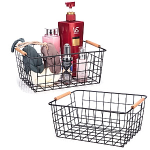 HDYOUDO Metal Wire Food Storage Basket Organizer with Wooden Handles for Organizing Kitchen Cabinets, 2 Packs-Black