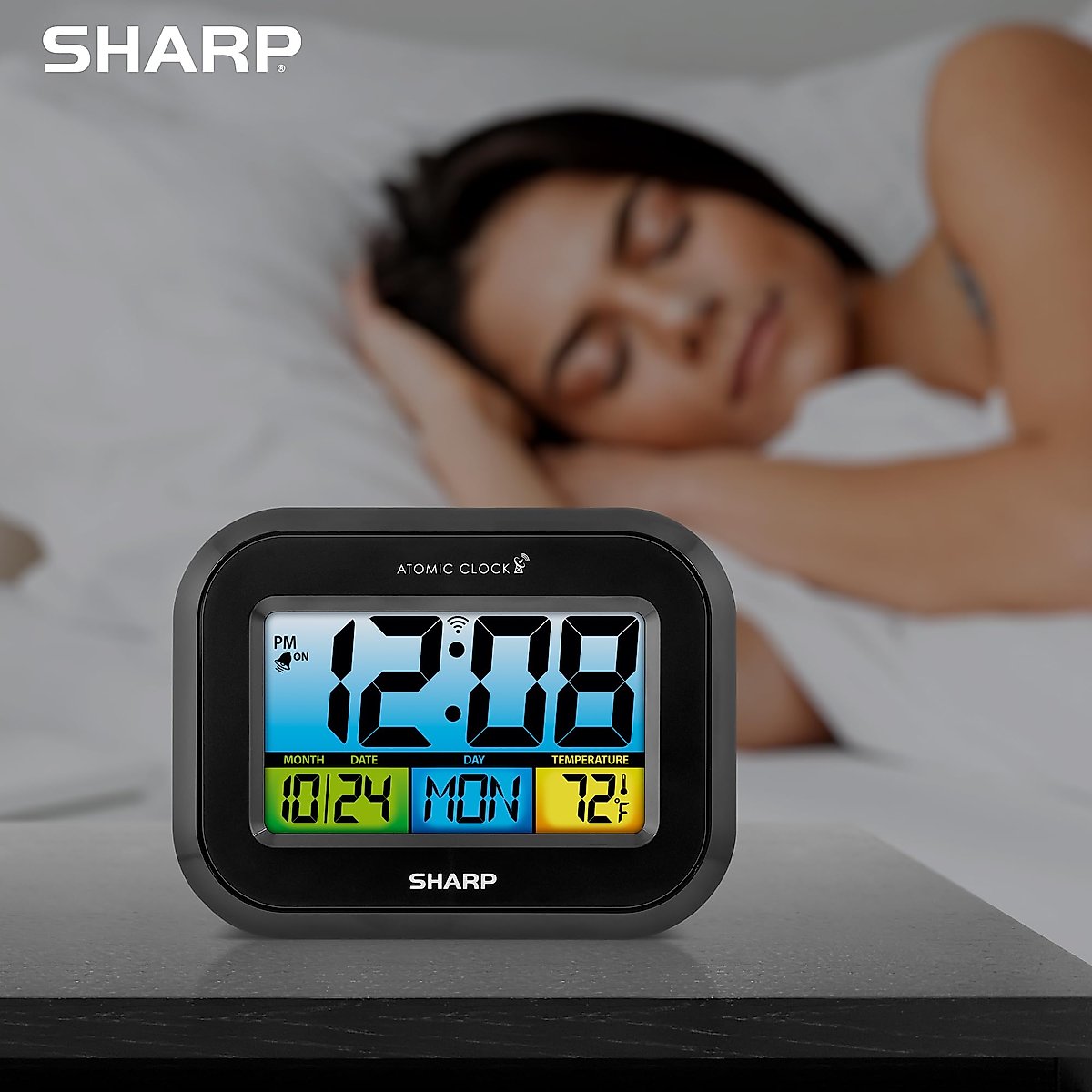 Sharp Atomic Digital Alarm Clock, Battery Operated Self-Setting Digital Wall or Desk Clock, Easy to Read Color Display Nightlight with Indoor Temperature and Calendar