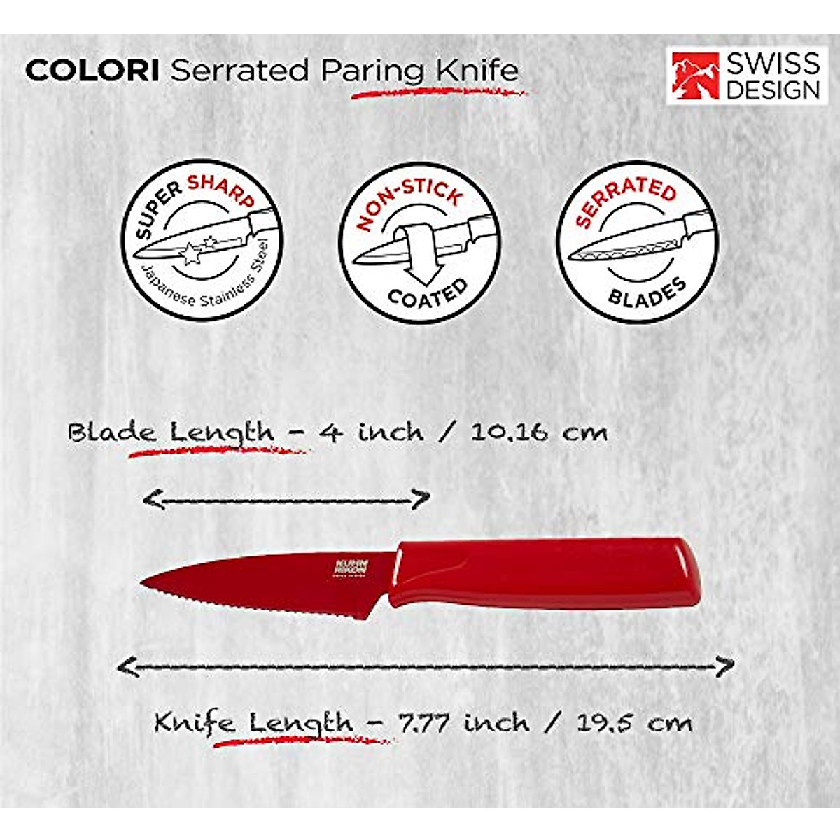 KUHN RIKON COLORI Non-Stick Serrated Paring Knife with Safety Sheath, 4 inch/10.16 cm Blade, Red