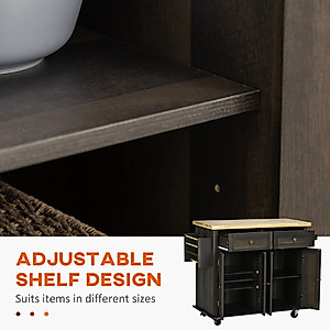 HOMCOM Kitchen Island on Wheels, Rolling Cart with Rubberwood Top, Spice Rack, Towel Rack and Drawers for Dining Room, Brown Oak